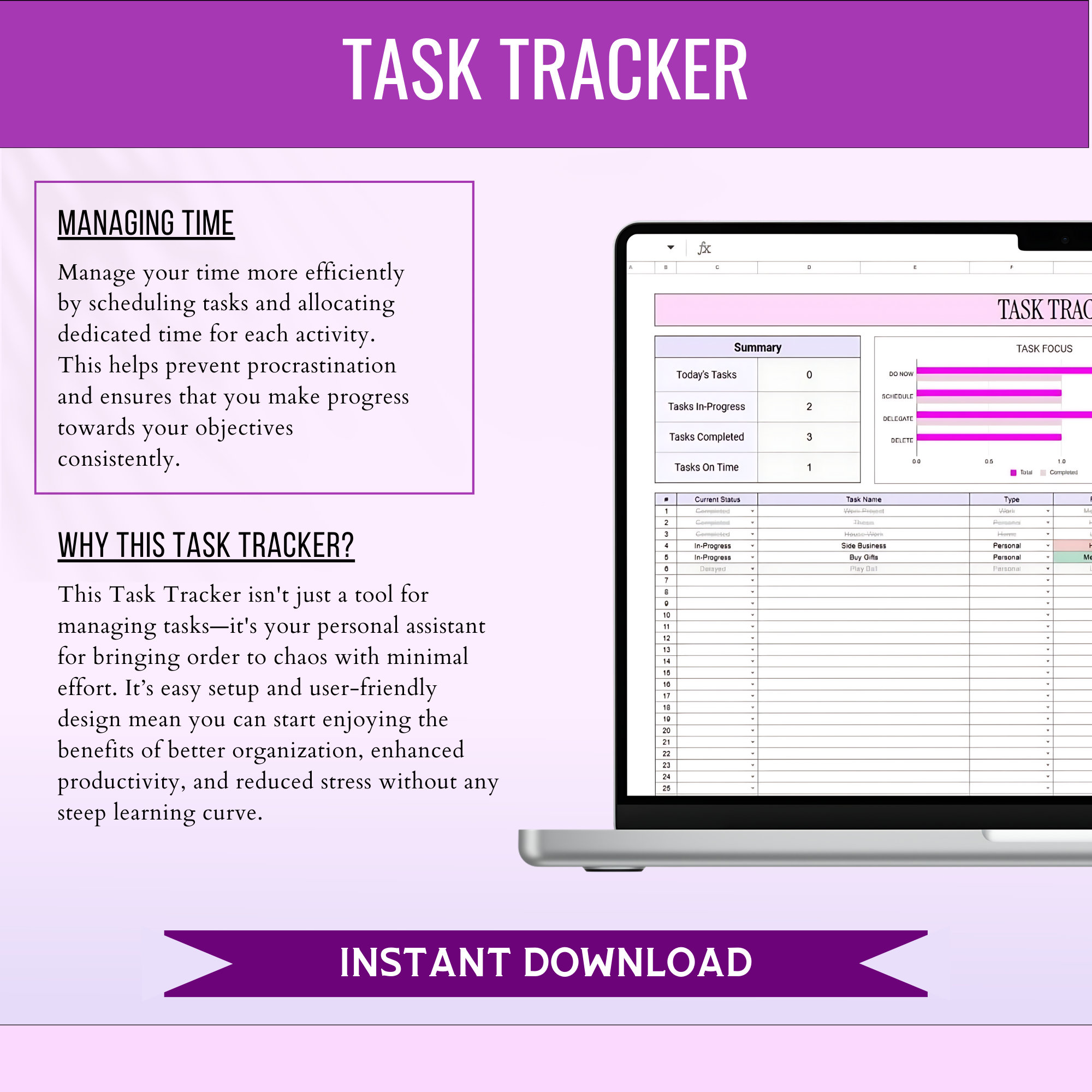 Task Tracker Excel & Google Sheets Template, Business Planner, Daily ...