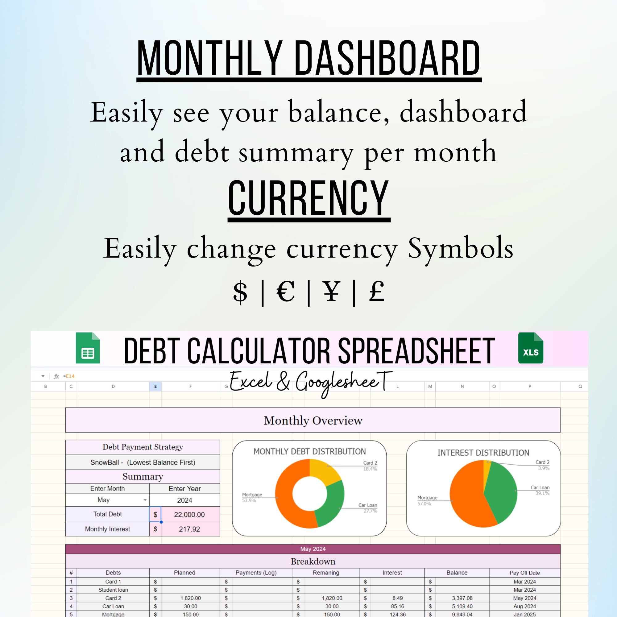 Debt Payoff Tracker Spreadsheet, Google Sheets Microsoft Excel, Student ...