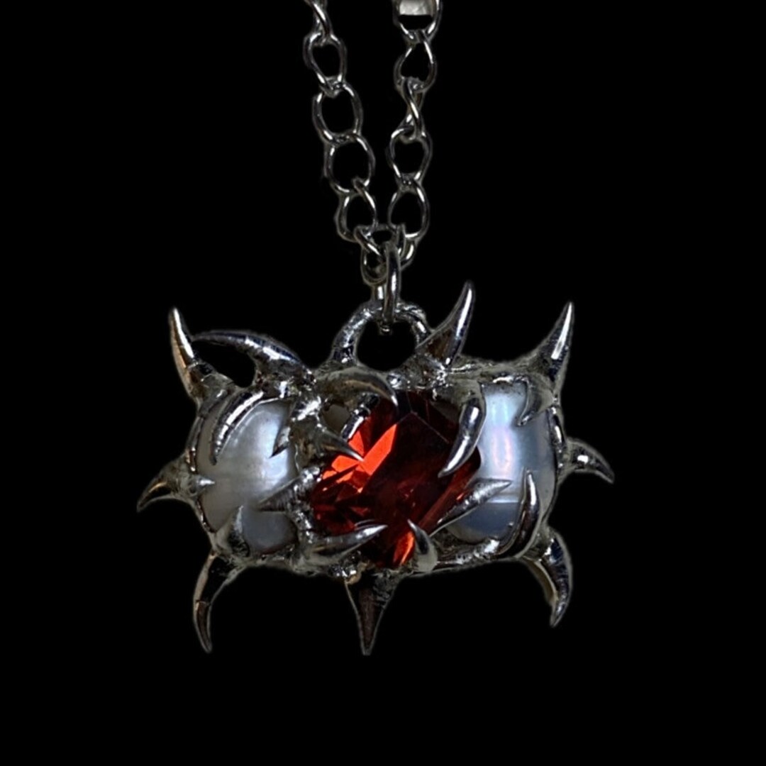 Garnet and Pearls Spiky Cybercore Pendant Necklace Liquid Metal ...