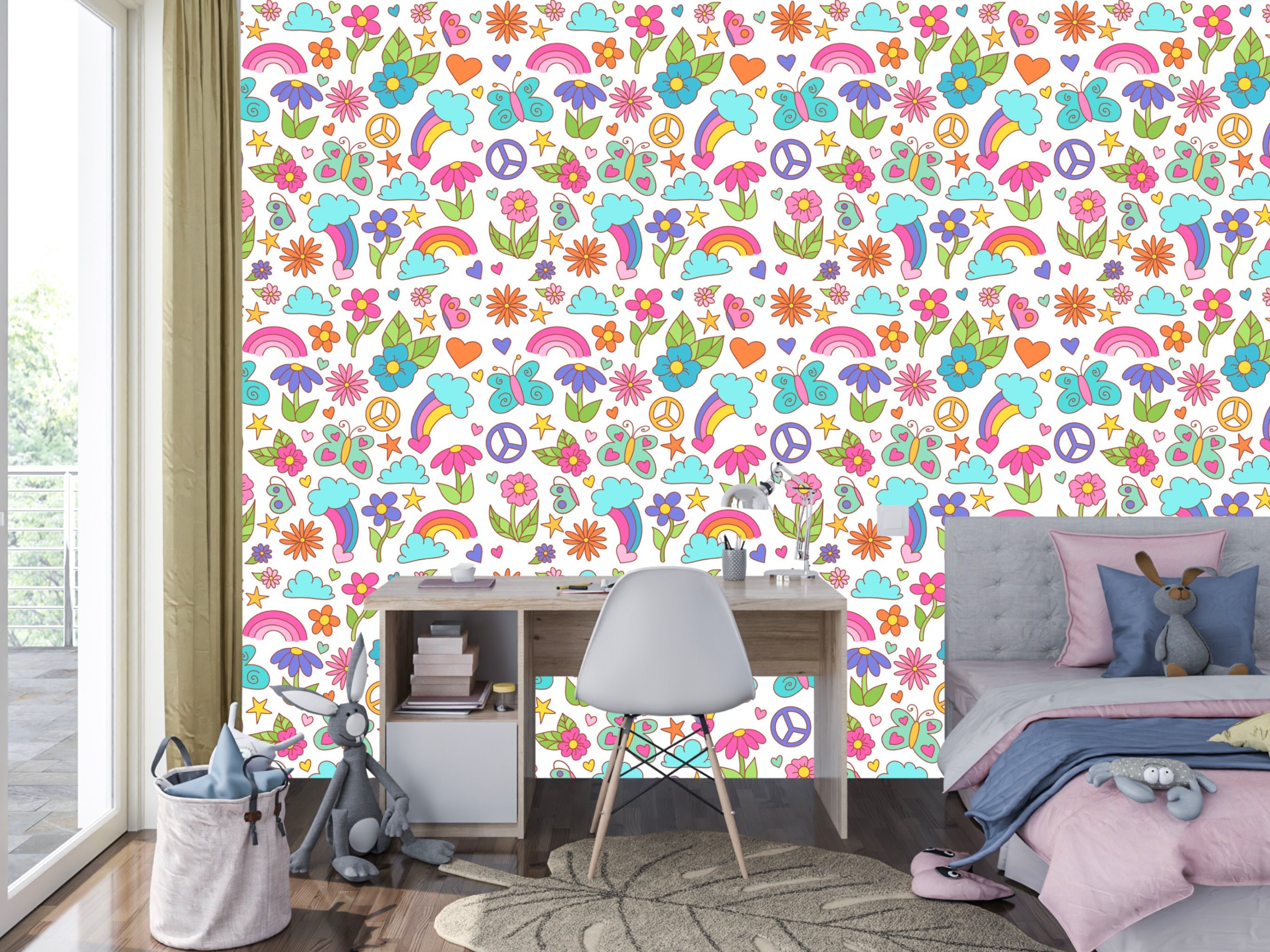 Girls Room Wallpaper Flower Retro Girls Room Doodle - Etsy