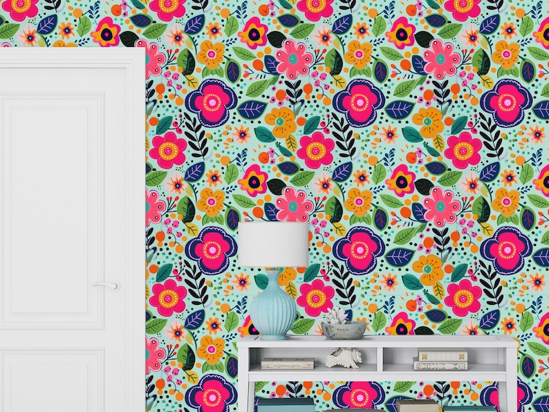Colorful Floral Wallpaper Bright Floral Wallpaper Bright - Etsy