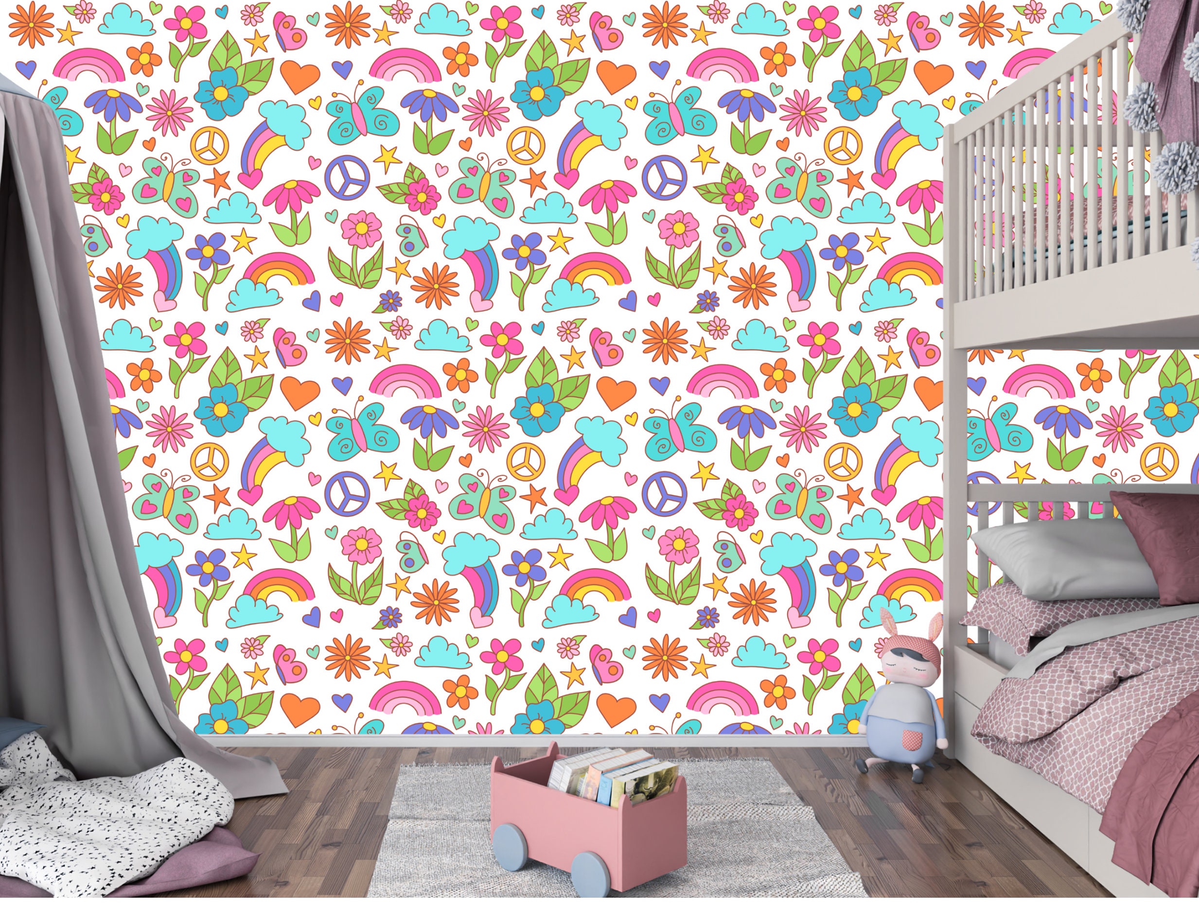 Girls Room Wallpaper Flower, Retro Girls Room, Doodle Wallpaper ...