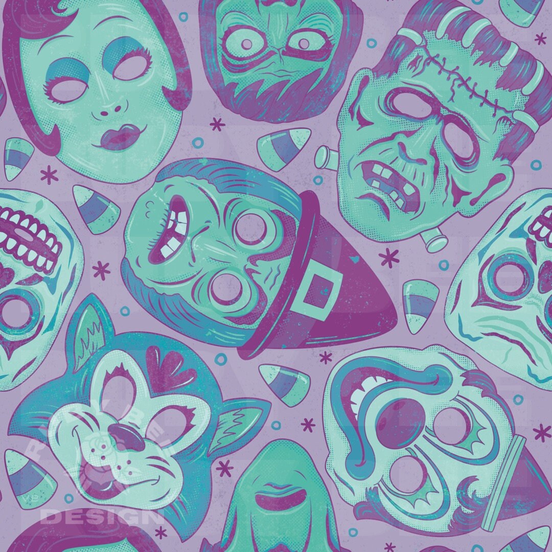 Pastel Vacuform Mask Seamless File, Vintage Halloween Seamless Design ...