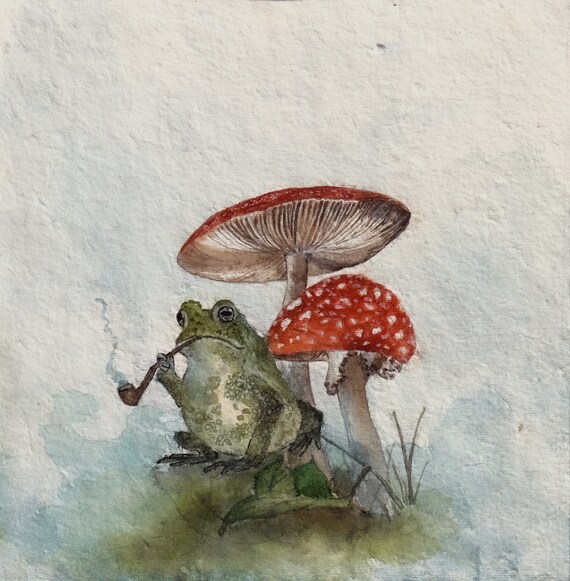Pipe-weed Smoking Frog Underneath Mushrooms Art Print | Etsy