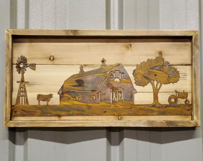 Metal Farm Scene on Reclaimed Wood - Etsy