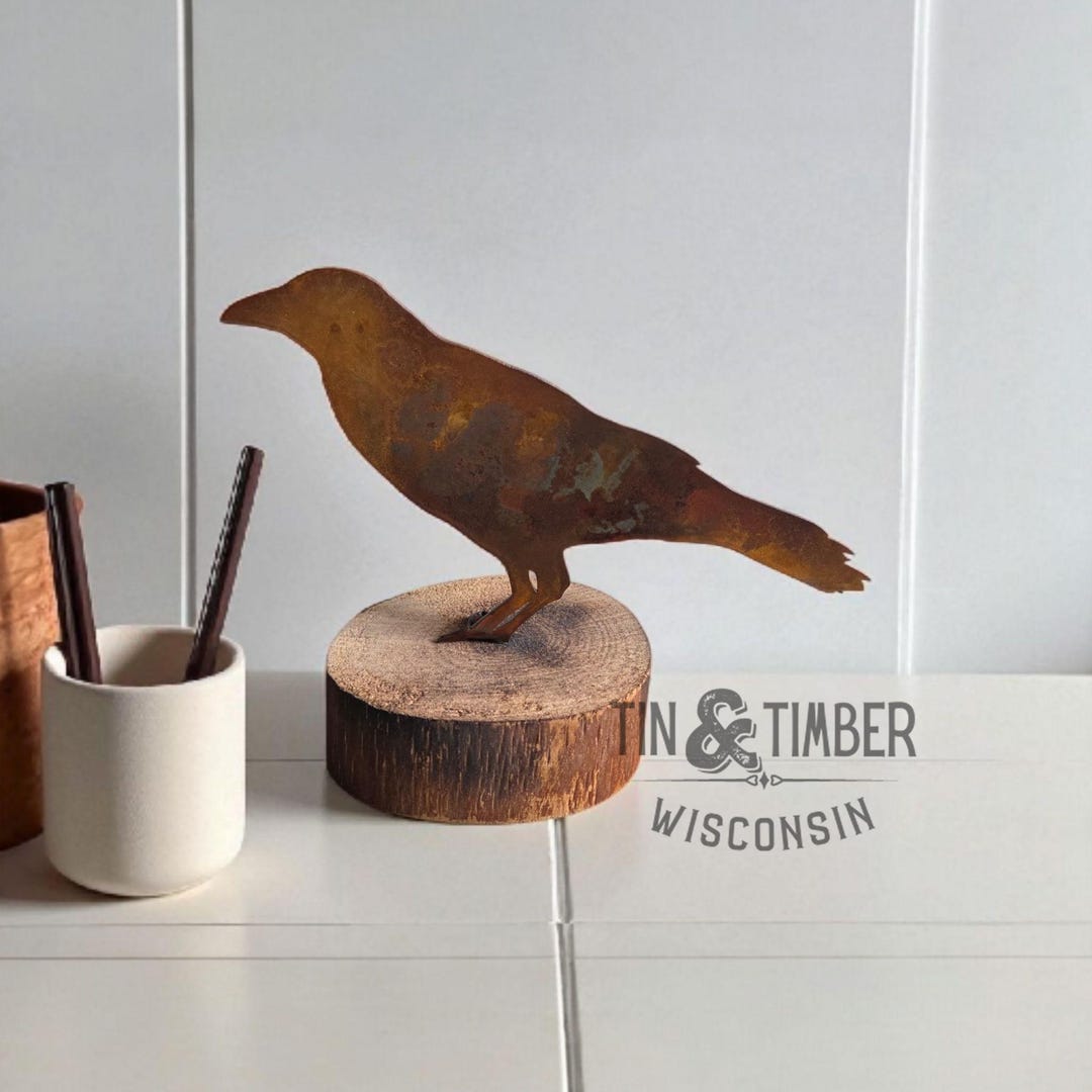 Metal Crow Shelf Sitter - Rustic Crow Bird on Wood - Fall Halloween ...