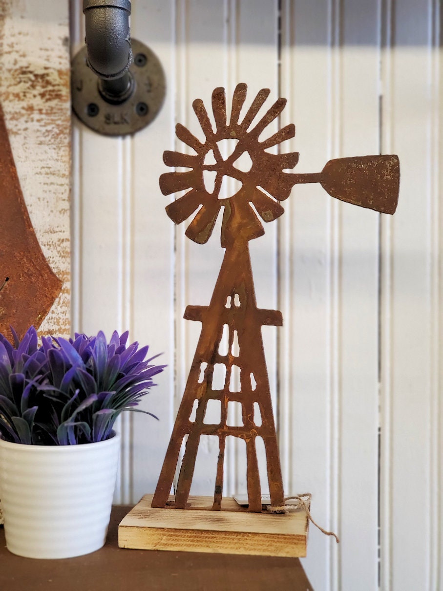 Rusty Metal Windmill on Reclaimed Wood Base | Etsy
