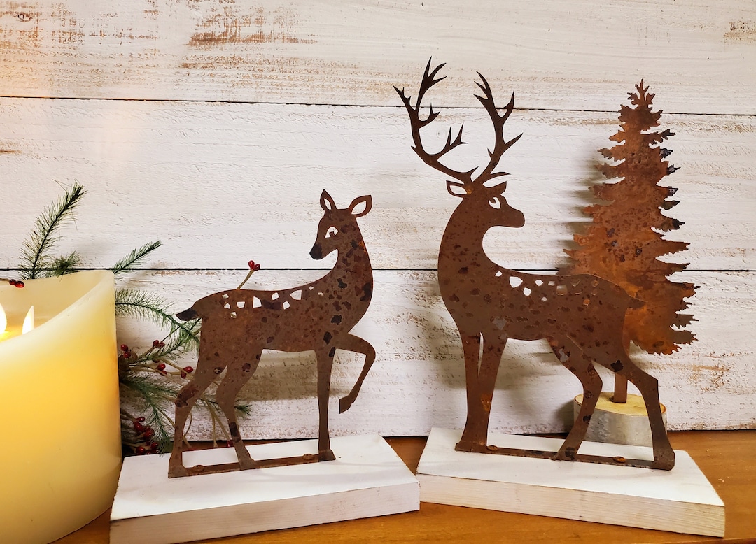 Rusty Metal Deer - Rusted Buck or Doe Shelf Sitter on Reclaimed Wood - Etsy