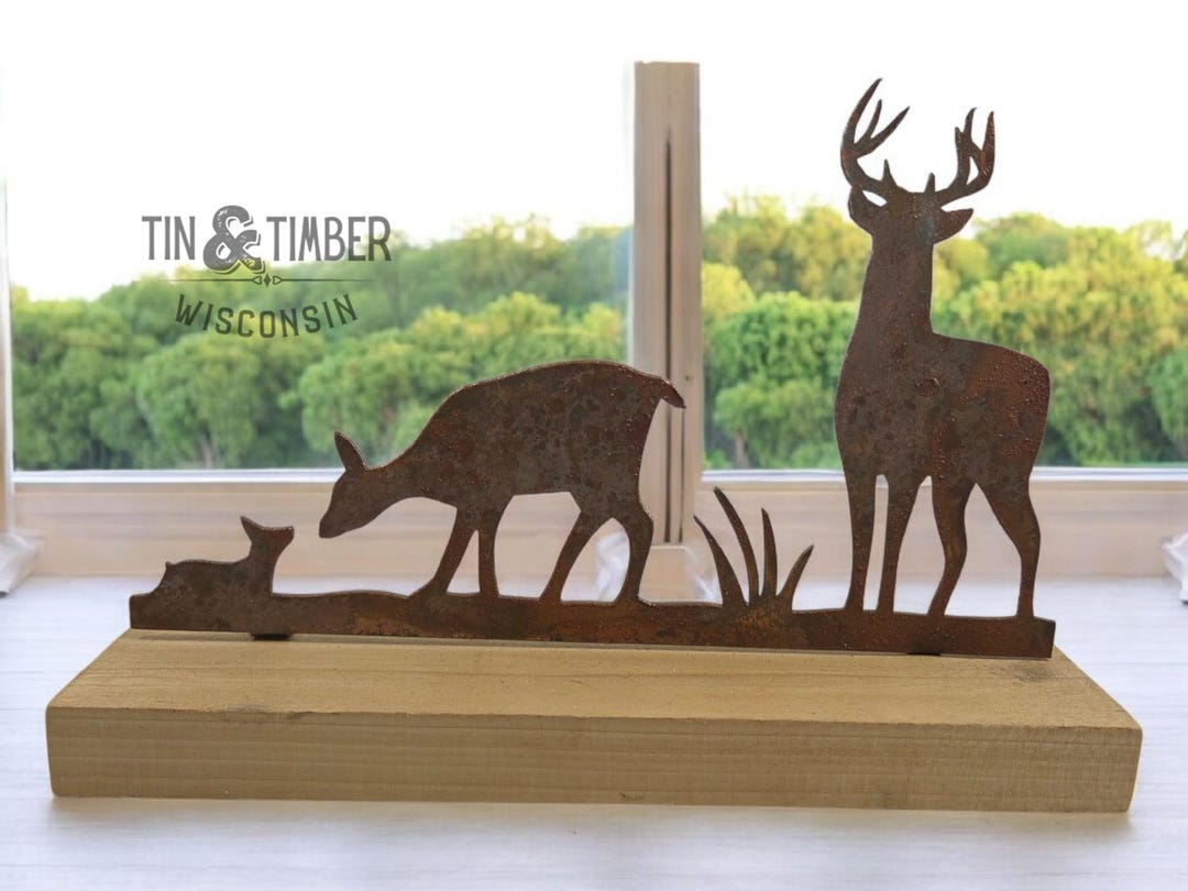 Rustic Buck Doe & Fawn - Rusty Metal Shelf Mantle Sitter - Table Top ...