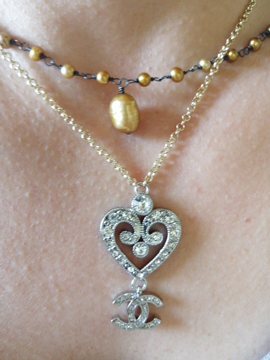 Chanel 14k Gold Over & Silver Two Tone Diamond Cz Pendant Necklace - Etsy