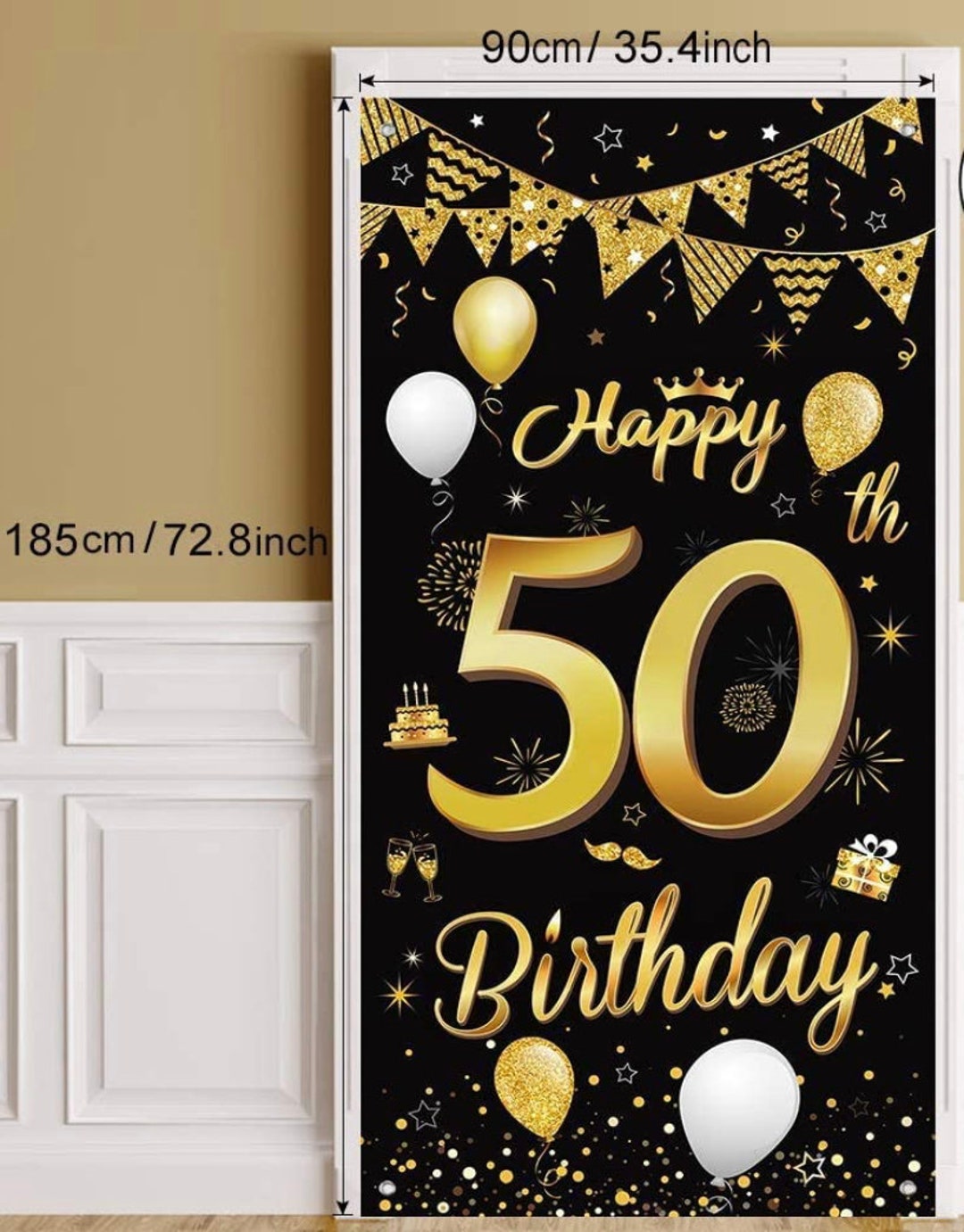 50th Birthday Back Drop, 50th Birthday Door Banner, Black and Gold 50th ...