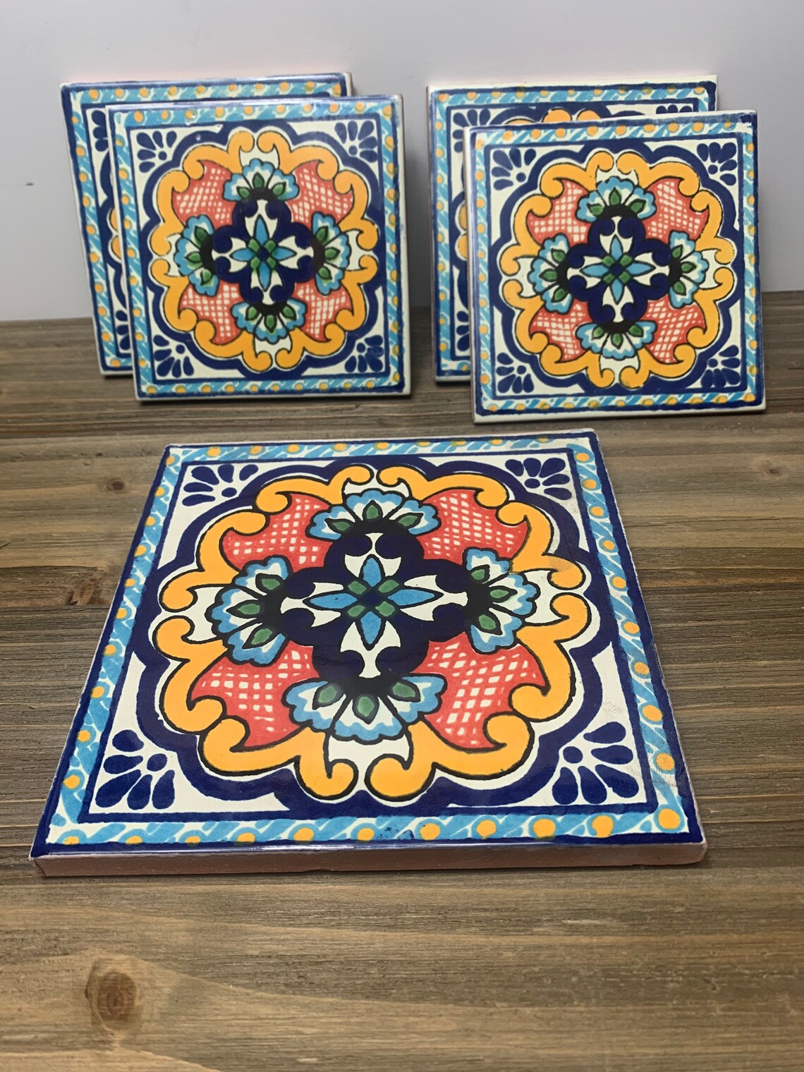 Matching Handmade/hand Painted/ Mexican 4x4 Tile Coasters and 6x6 ...