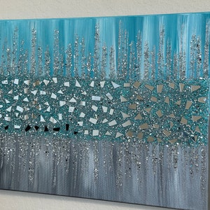 Turquoise Teal Silver Glitter Glass Glam Wall Art, Glitter Art, Glass ...
