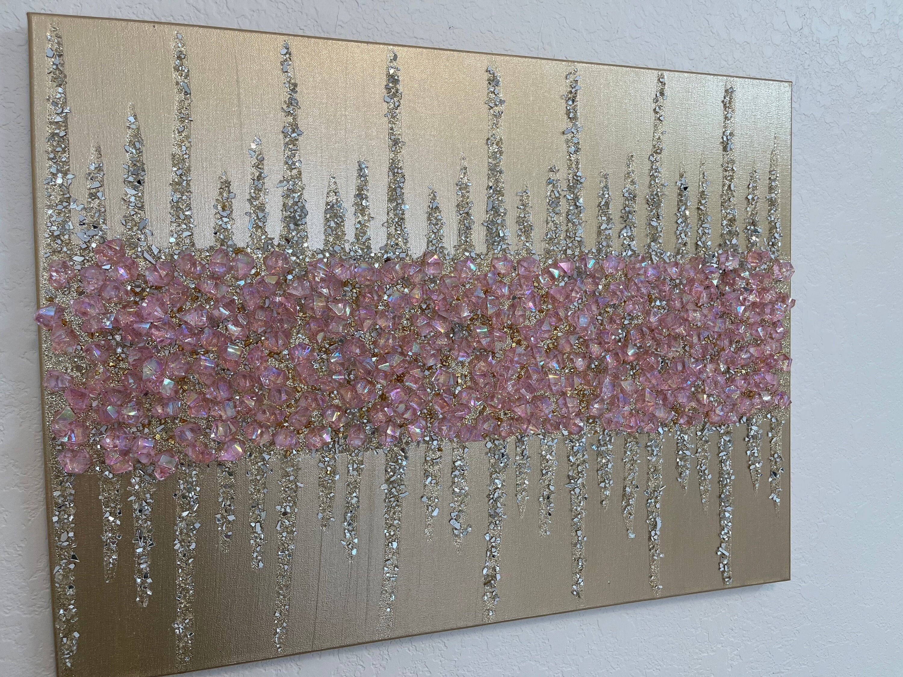 Pink Champagne Gold Glitter Glass Glam Painting, Glitter Wall Art ...