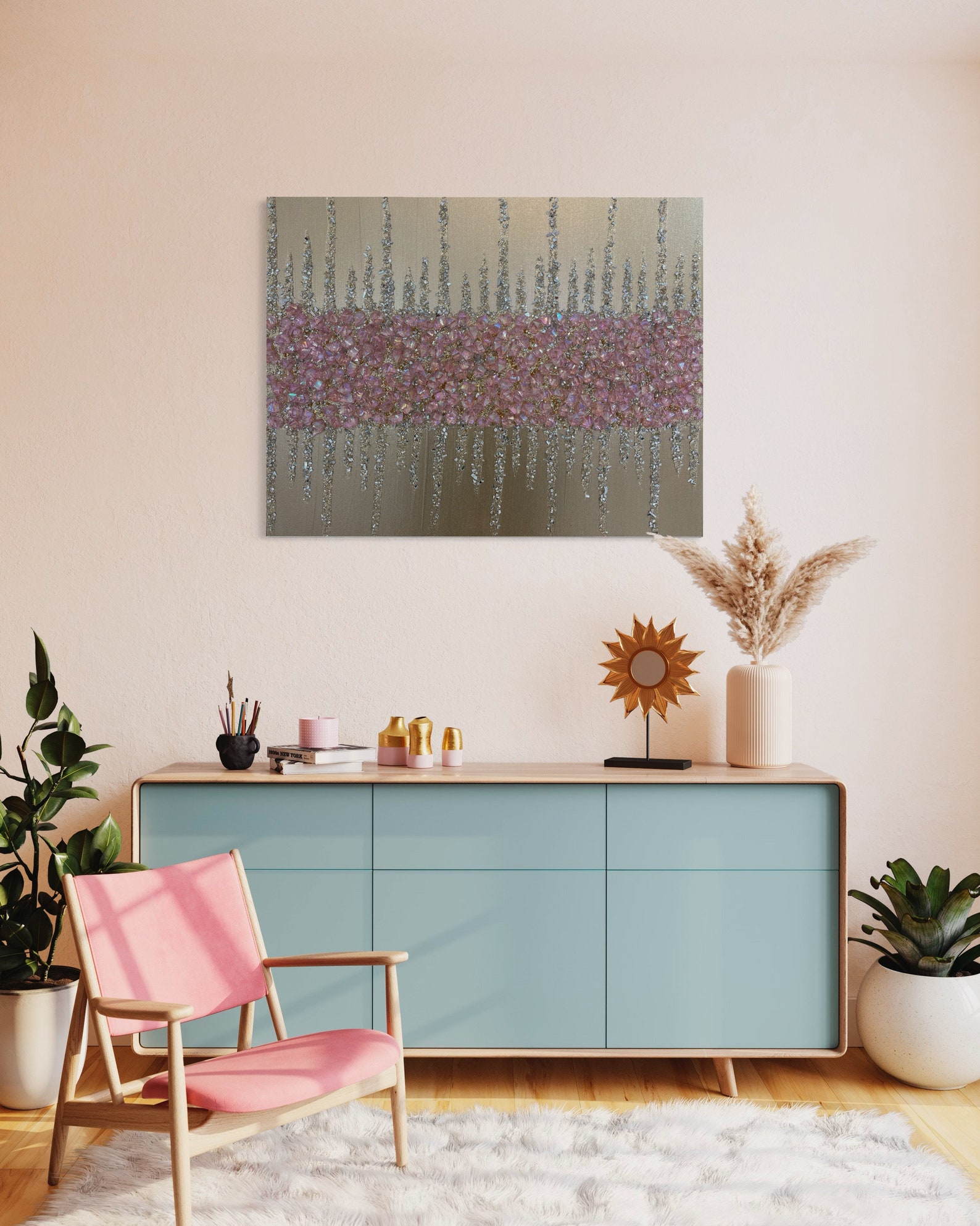 Pink Champagne Gold Glitter Glass Glam Painting, Glitter Wall Art ...