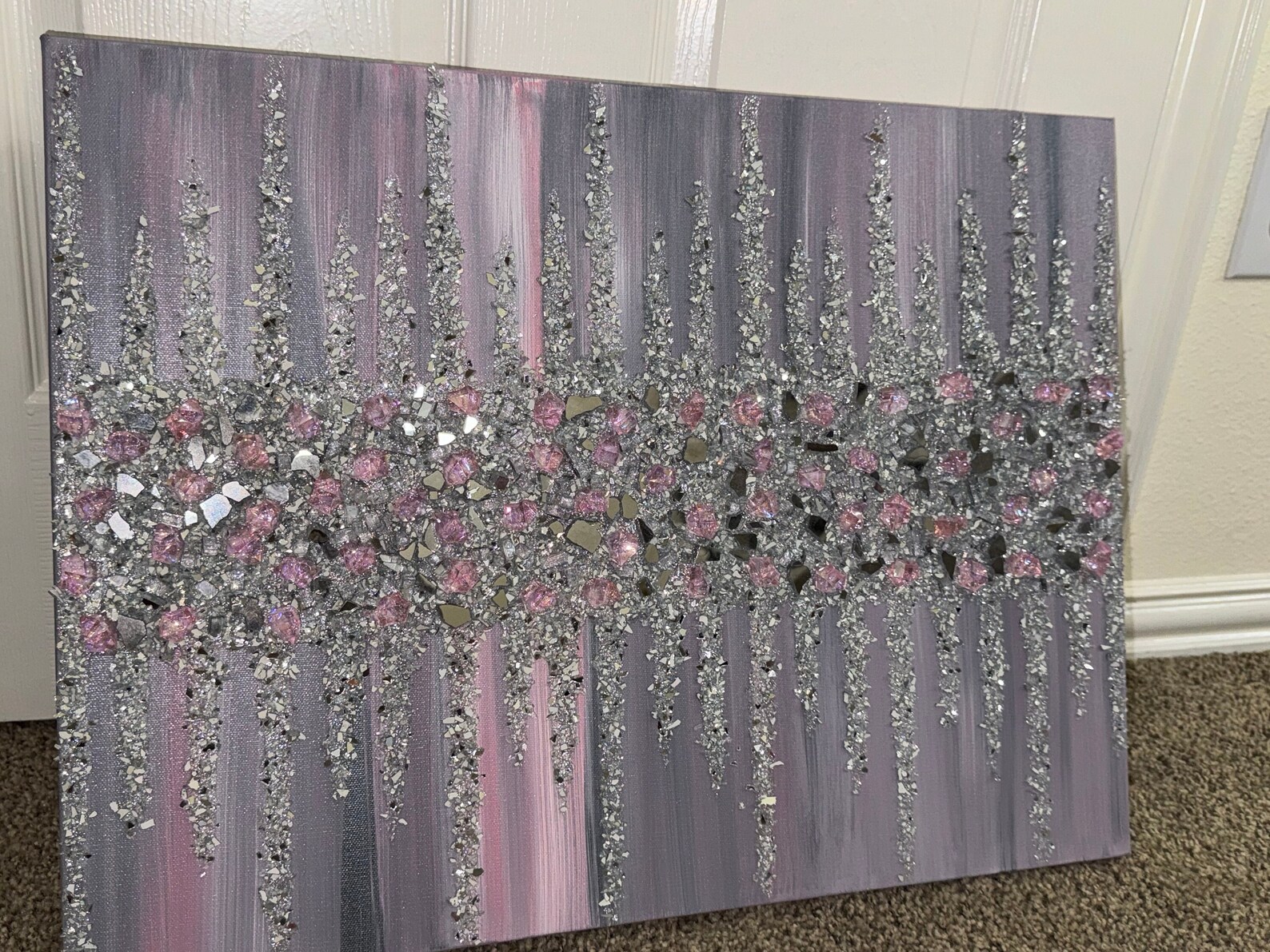 Pink Silver Glitter Painting, Pink Wall Art, Silver Decor, Shiny Wall ...