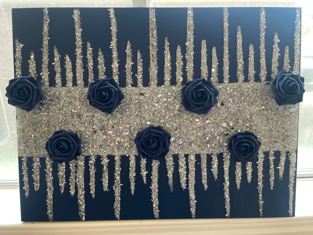 Navy Blue Rose Glitter Glass Painting, Silver Glam Art, Flower Wall Art ...