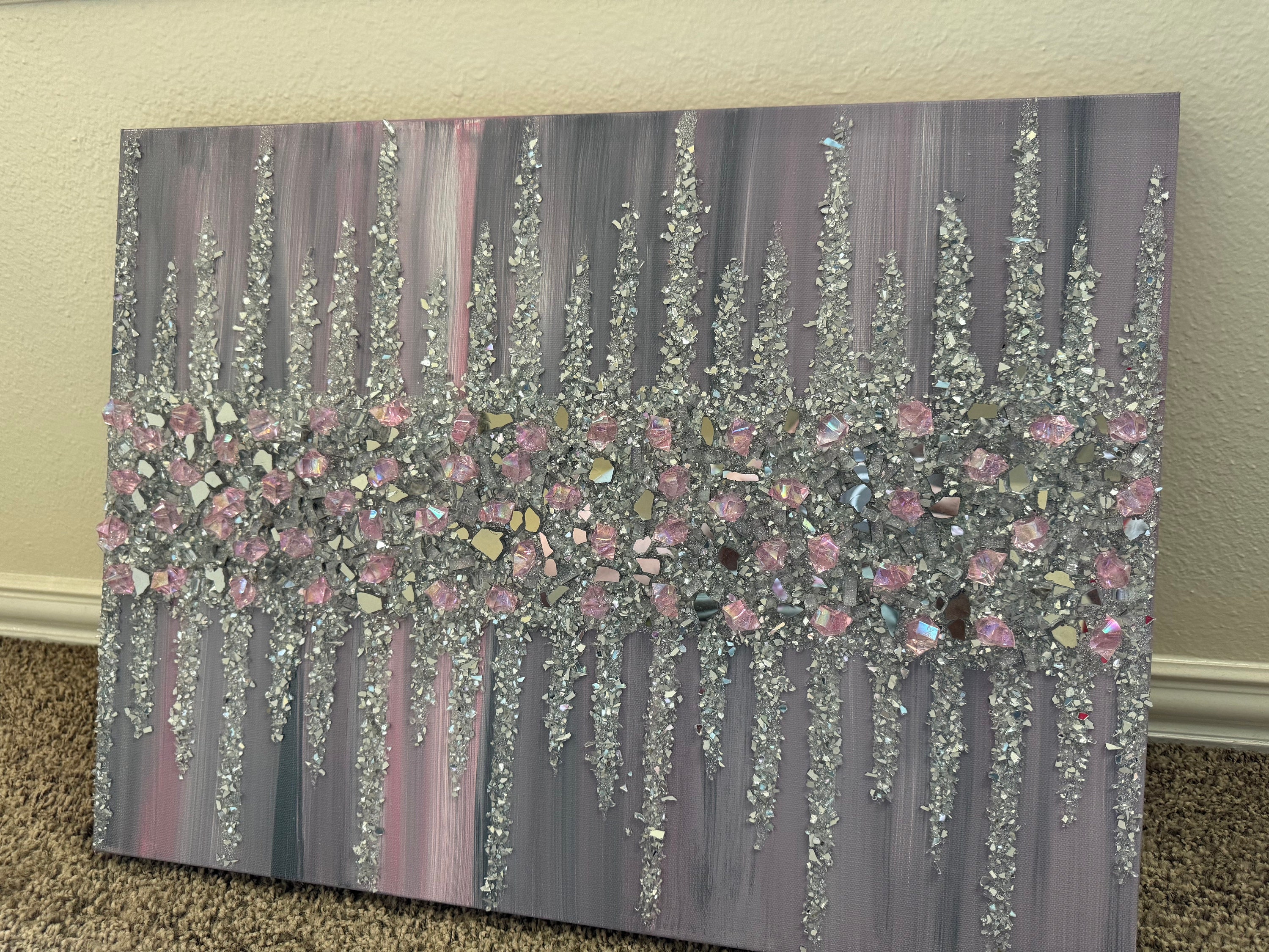 Pink Silver Glitter Painting, Pink Wall Art, Silver Decor, Shiny Wall ...