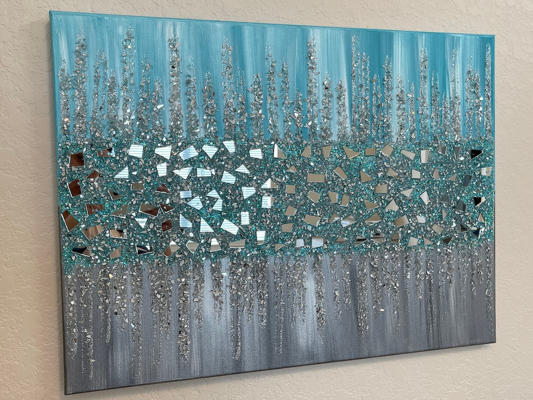 Turquoise Teal Silver Glitter Glass Glam Wall Art, Glitter Art, Glass ...