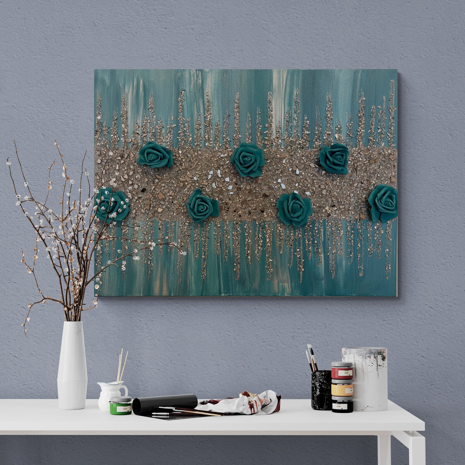 Turquoise Teal Silver Glitter Glass Glam Wall Art, Glitter Glass Art ...
