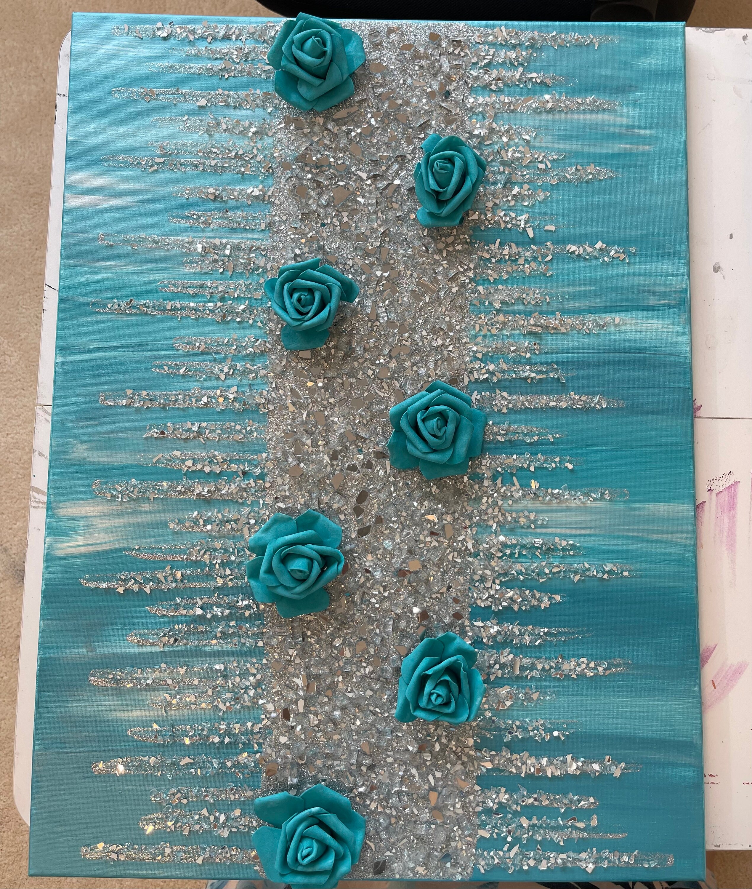 Turquoise Teal Silver Glitter Glass Glam Wall Art, Glitter Glass Art ...