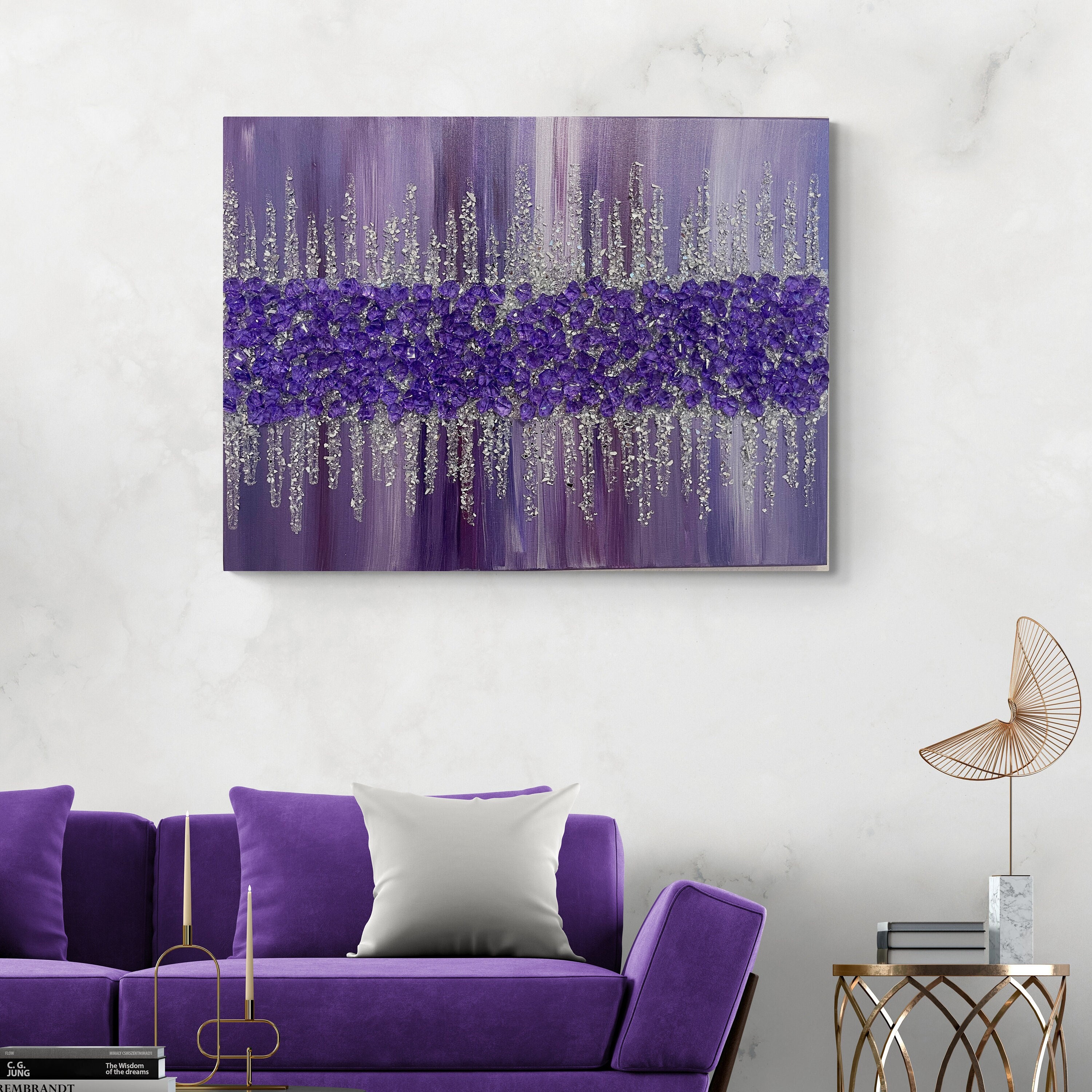Purple Silver Gems Glitter Glass Painting, Purple Wall Art, Purple Wall ...