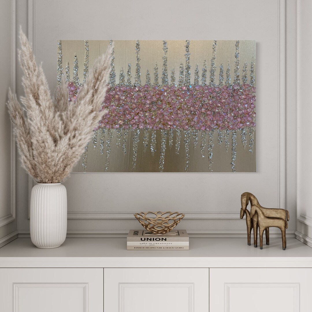 Pink Champagne Gold Glitter Glass Glam Painting, Glitter Wall Art ...
