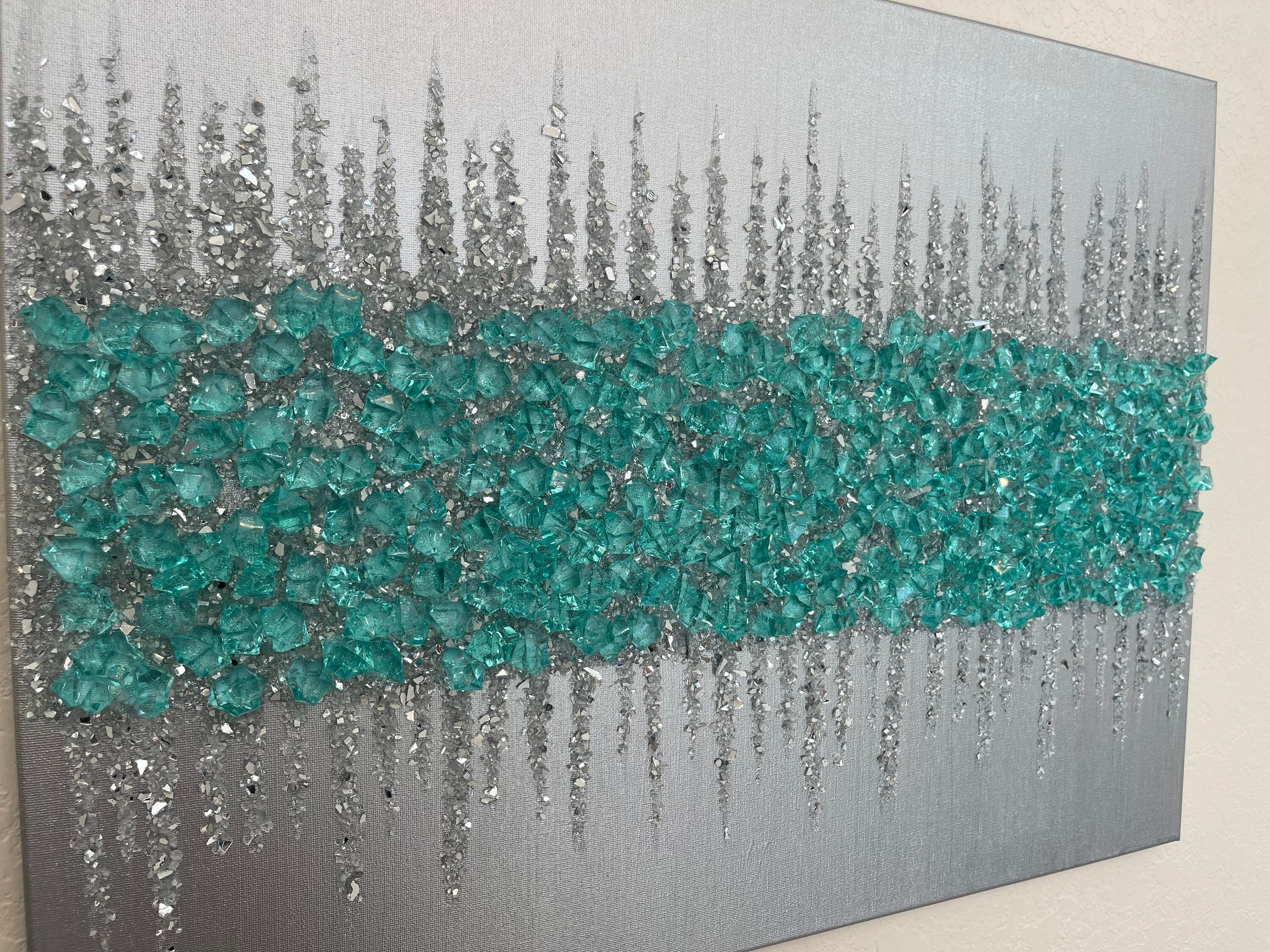 Teal Silver Glam Glitter Glass Wall Art, Teal Green Art, Glitter Wall ...