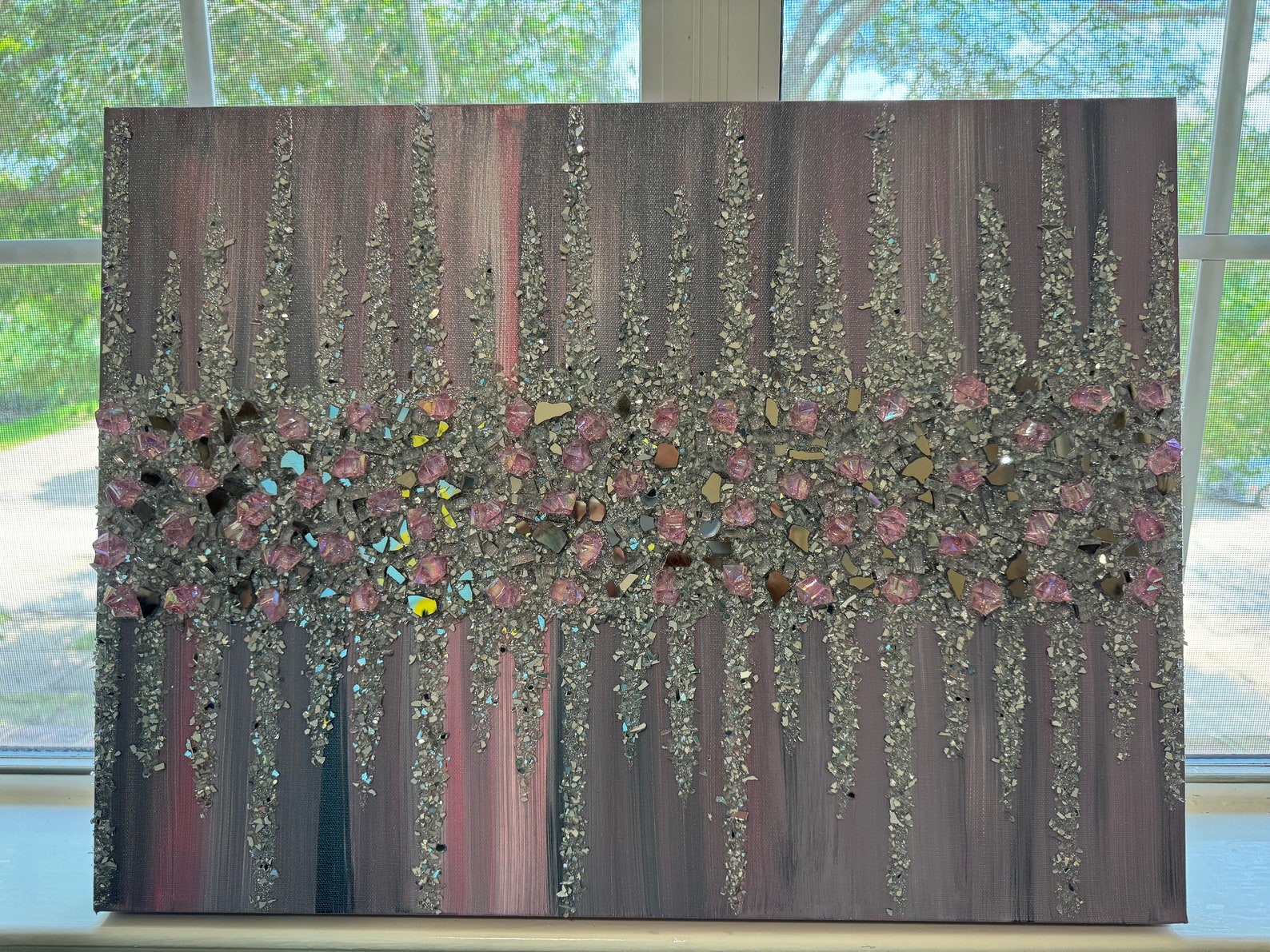 Pink Silver Glitter Painting, Pink Wall Art, Silver Decor, Shiny Wall ...