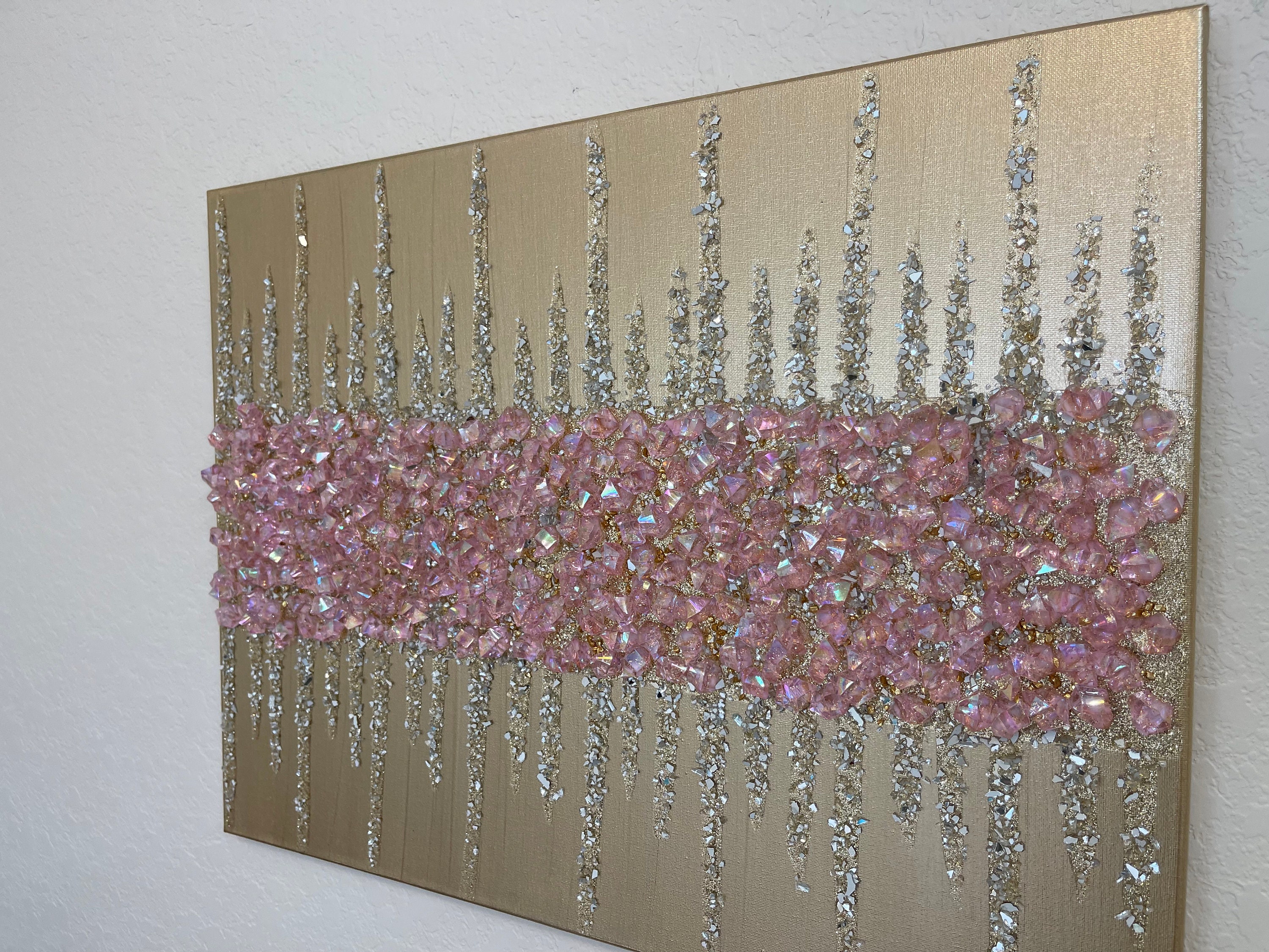 Pink Champagne Gold Glitter Glass Glam Painting, Glitter Wall Art ...