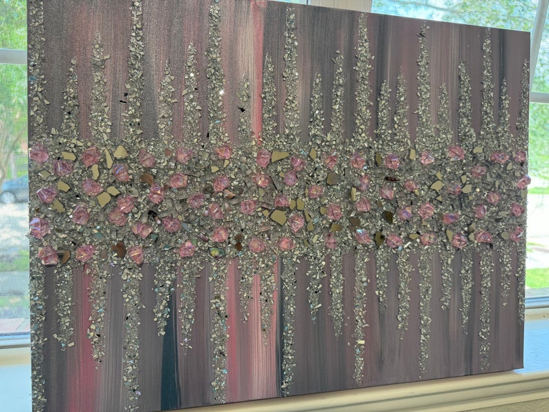 Pink Silver Glitter Painting, Pink Wall Art, Silver Decor, Shiny Wall ...