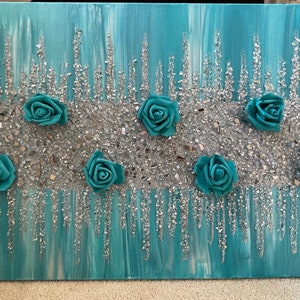 Turquoise Teal Silver Glitter Glass Glam Wall Art, Glitter Glass Art ...
