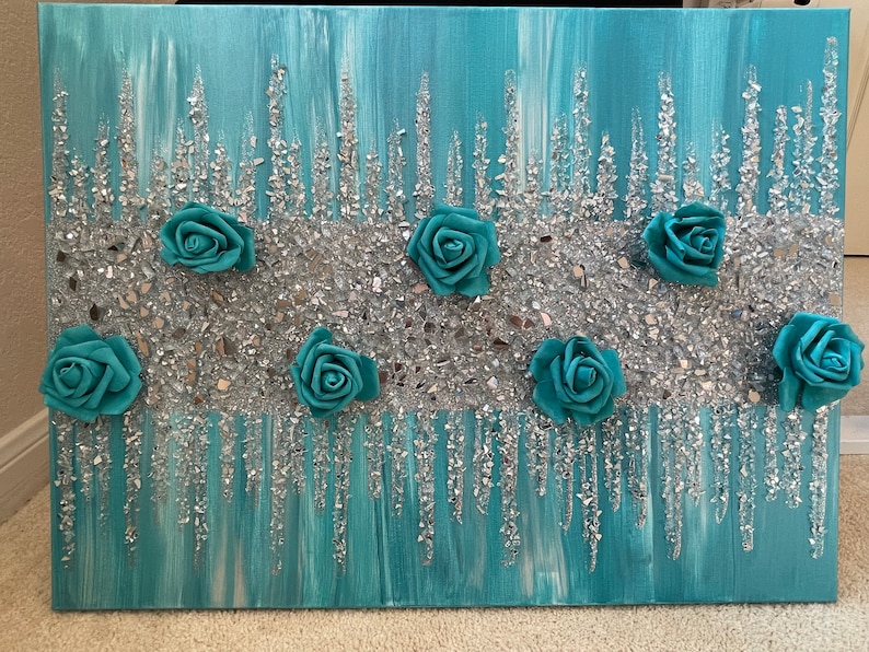 Turquoise Teal Silver Glitter Glass Glam Wall Art, Glitter Glass Art ...