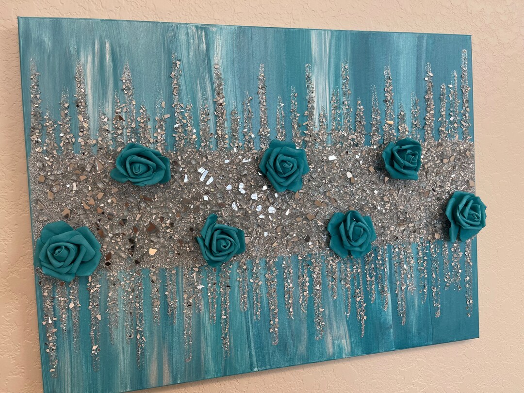 Turquoise Teal Silver Glitter Glass Glam Wall Art, Glitter Glass Art ...