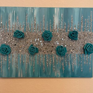 Turquoise Teal Silver Glitter Glass Glam Wall Art, Glitter Glass Art ...
