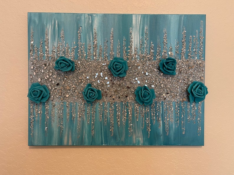 Turquoise Teal Silver Glitter Glass Glam Wall Art, Glitter Glass Art ...