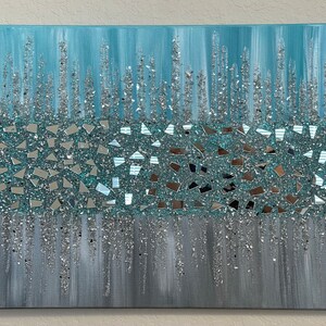 Turquoise Teal Silver Glitter Glass Glam Wall Art, Glitter Art, Glass ...