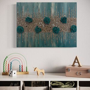 Turquoise Teal Silver Glitter Glass Glam Wall Art, Glitter Glass Art ...
