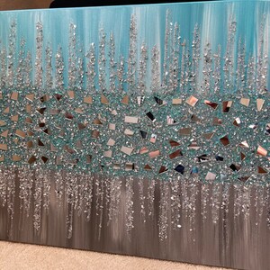 Turquoise Teal Silver Glitter Glass Glam Wall Art, Glitter Art, Glass ...