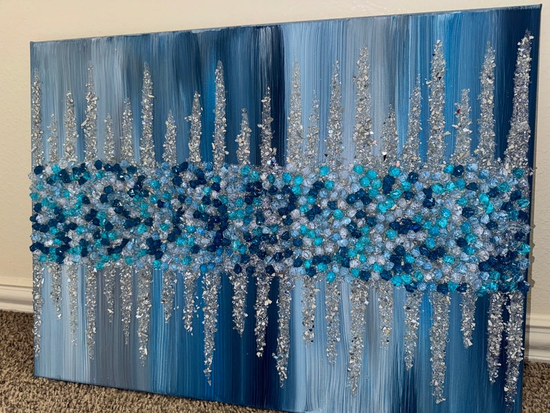 Blue Silver Glitter Glass Painting, Shiny Sparkly Wall Art, Blue Wall ...