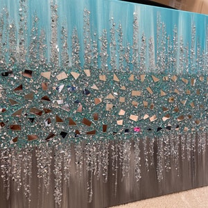 Turquoise Teal Silver Glitter Glass Glam Wall Art, Glitter Art, Glass ...