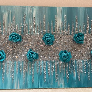 Turquoise Teal Silver Glitter Glass Glam Wall Art, Glitter Glass Art ...