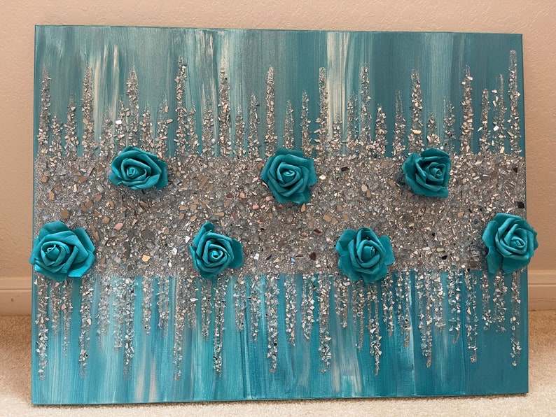 Turquoise Teal Silver Glitter Glass Glam Wall Art, Glitter Glass Art ...