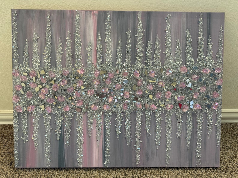 Pink Silver Glitter Painting, Pink Wall Art, Silver Decor, Shiny Wall ...