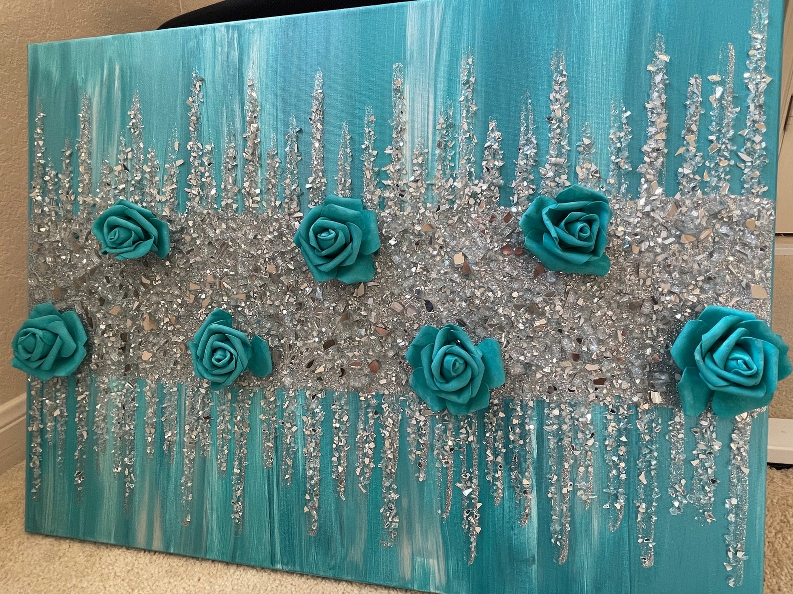 Turquoise Teal Silver Glitter Glass Glam Wall Art, Glitter Glass Art ...