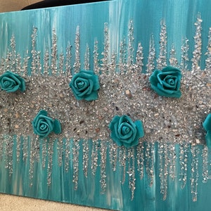 Turquoise Teal Silver Glitter Glass Glam Wall Art, Glitter Glass Art ...