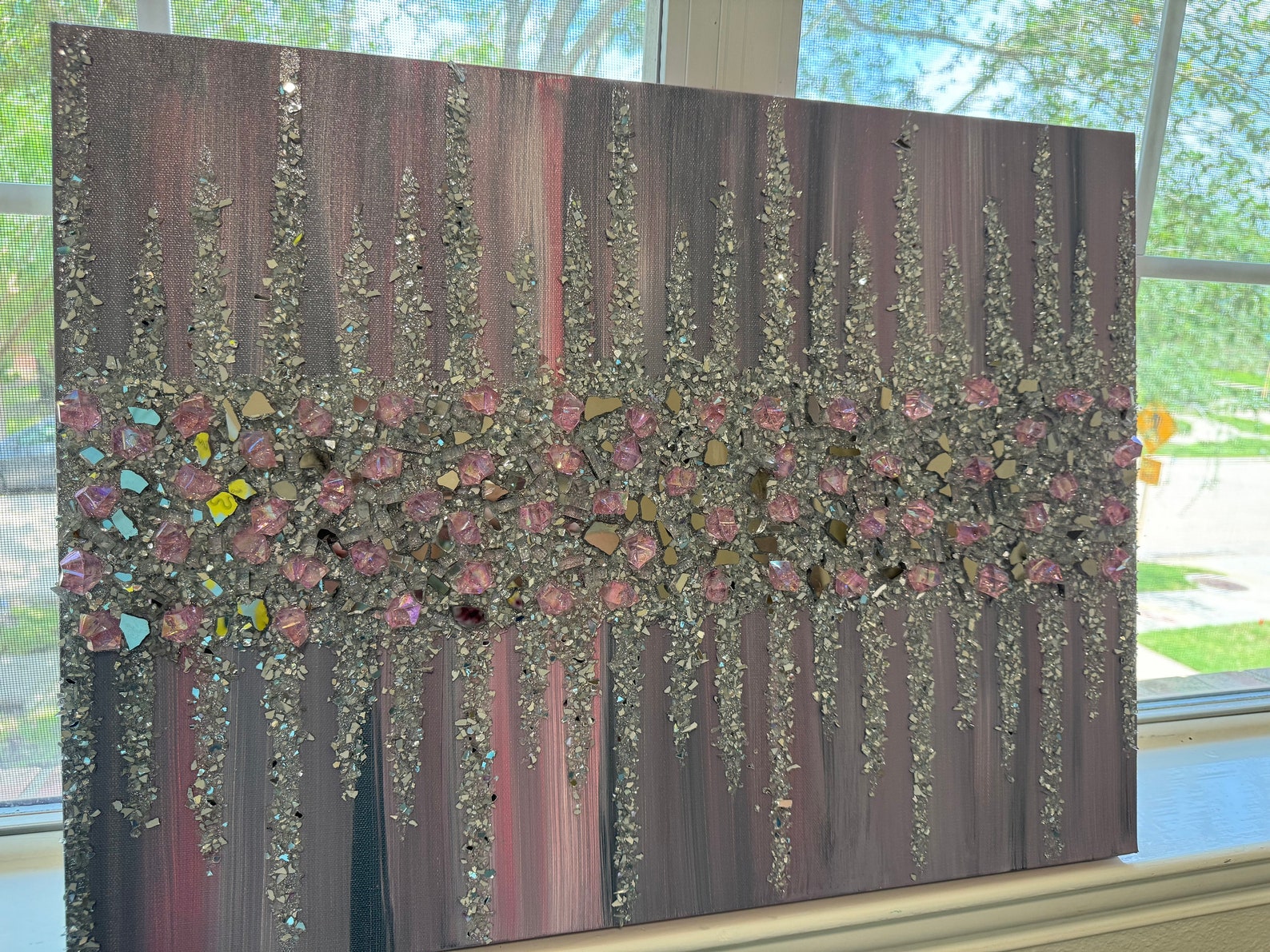 Pink Silver Glitter Painting, Pink Wall Art, Silver Decor, Shiny Wall ...