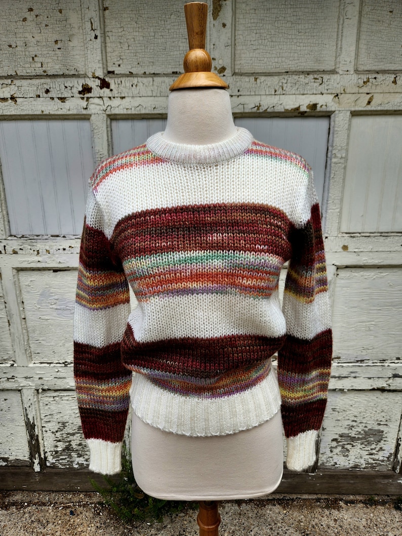Vintage 1970's Variegated Striped Acrylic Sweater - White Maroon Pink ...