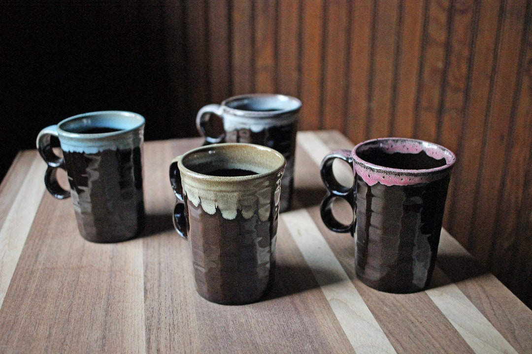 Vintage Japanese Ceramic Redware Drip Glaze Double Handle Coffee Mugs ...