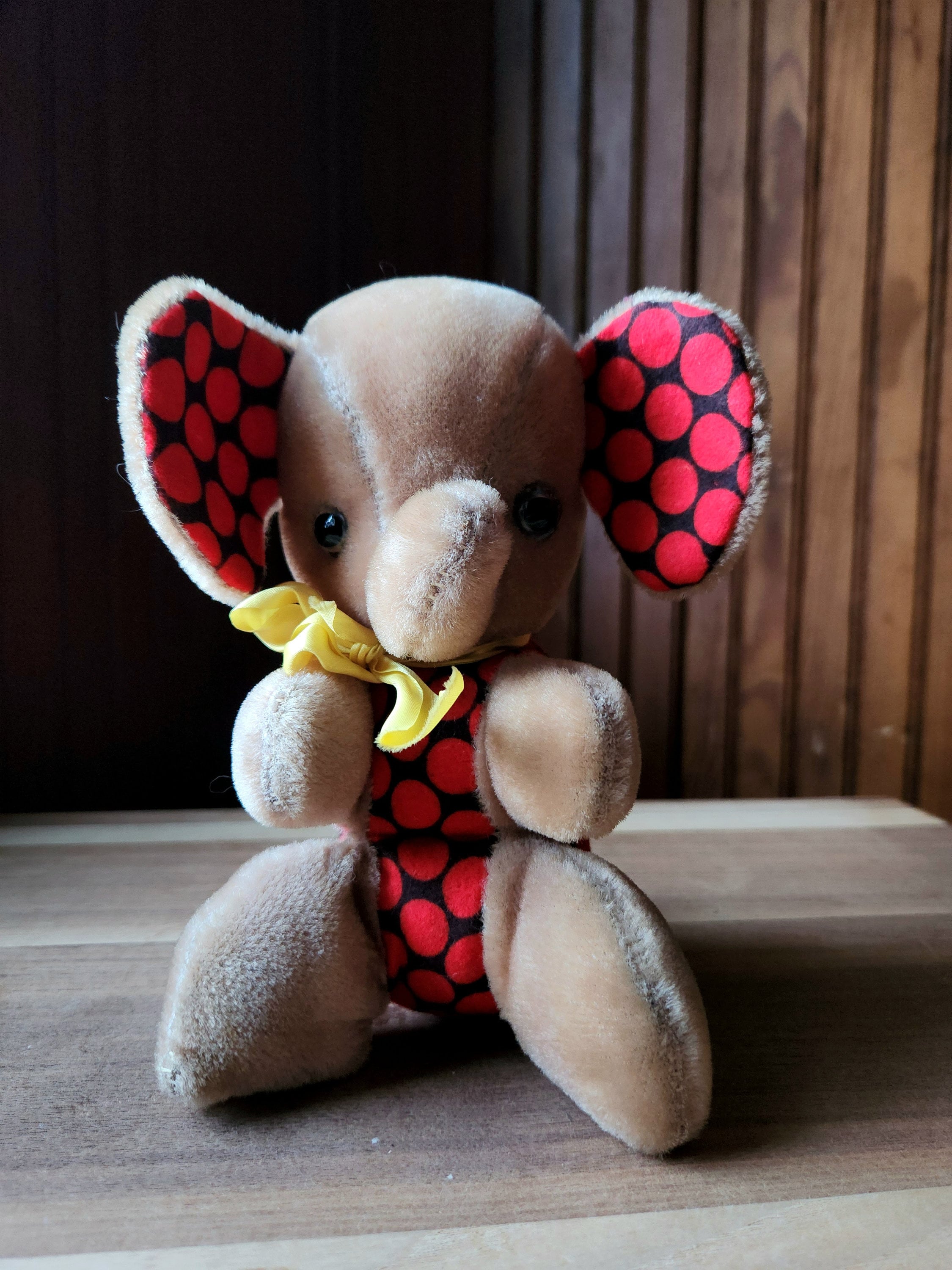 Vintage Taupe Velvet Baby Elephant With Red and Blue Polka Dots Stuffed ...